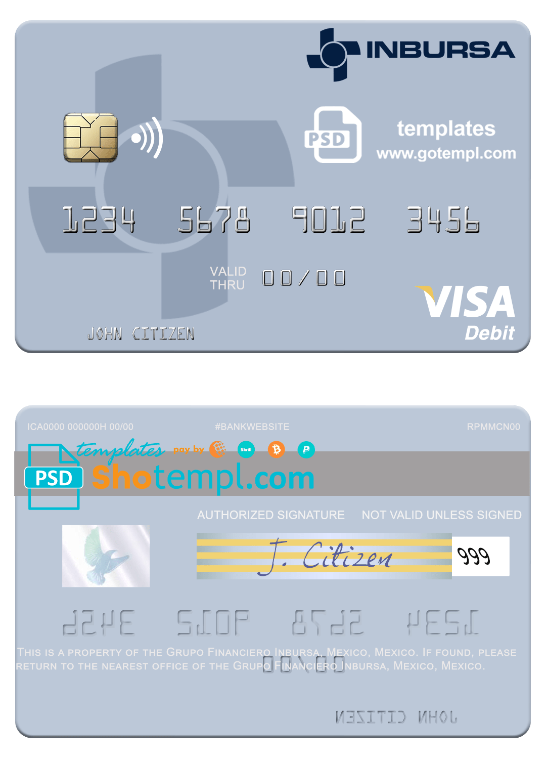 Mexico Grupo Financiero Inbursa visa debit credit card template in PSD ...