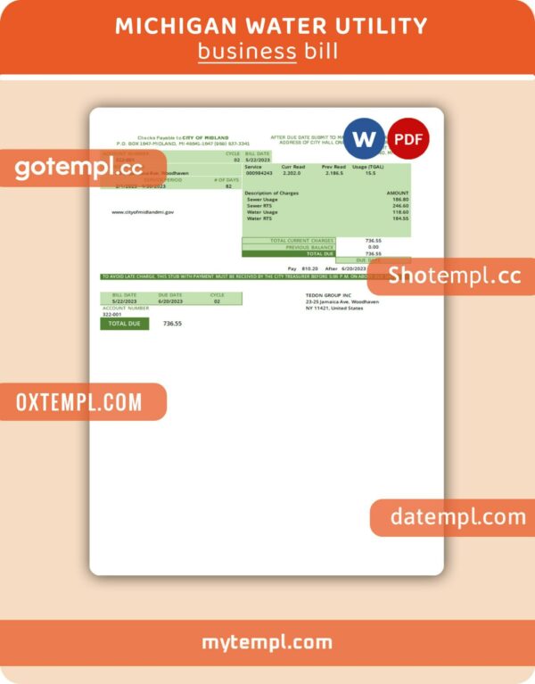 Michigan water business utility bill, Word and PDF template