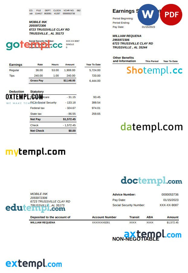 Mobile INK earnings statement Word and PDF template