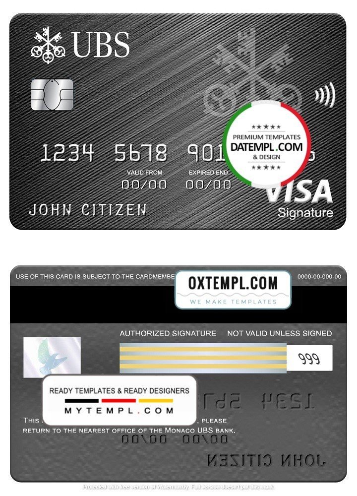 Monaco UBS bank visa signature card, fully editable template in PSD format