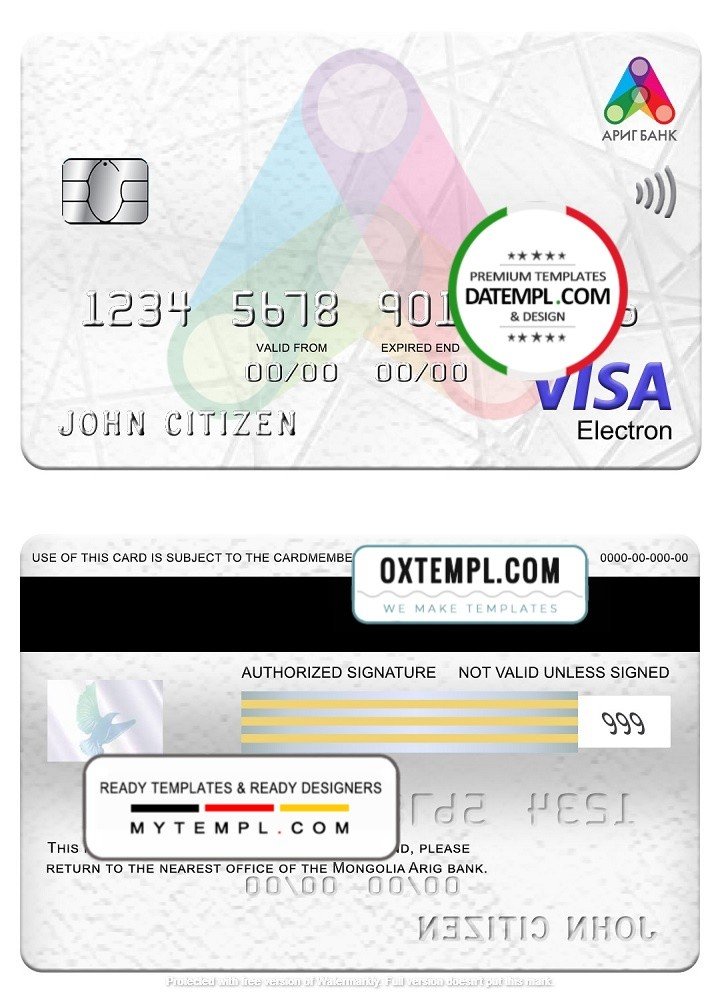 Mongolia Arig bank visa electron card, fully editable template in PSD ...