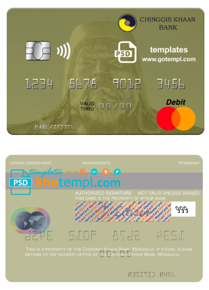 Mongolia Chinggis Khaan bank mastercard, fully editable template in PSD ...
