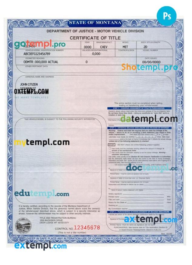 Montana certificate of title of a vehicle (car title) template in PSD ...