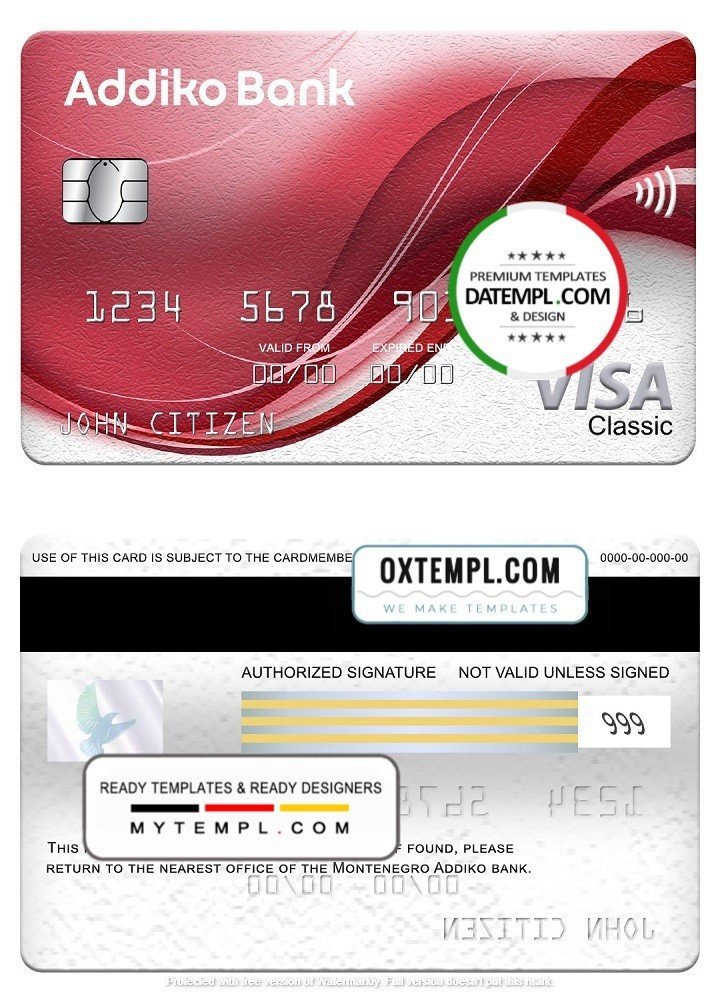 Montenegro Addiko bank visa classic card, fully editable template in ...