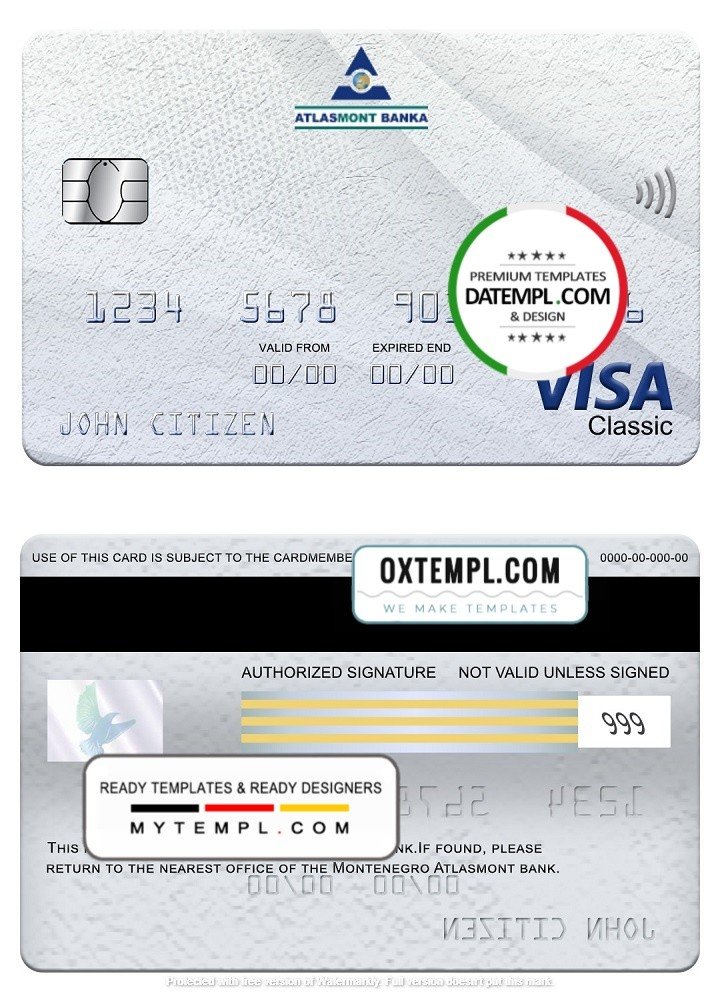 Montenegro Atlasmont bank visa classic card, fully editable template in ...