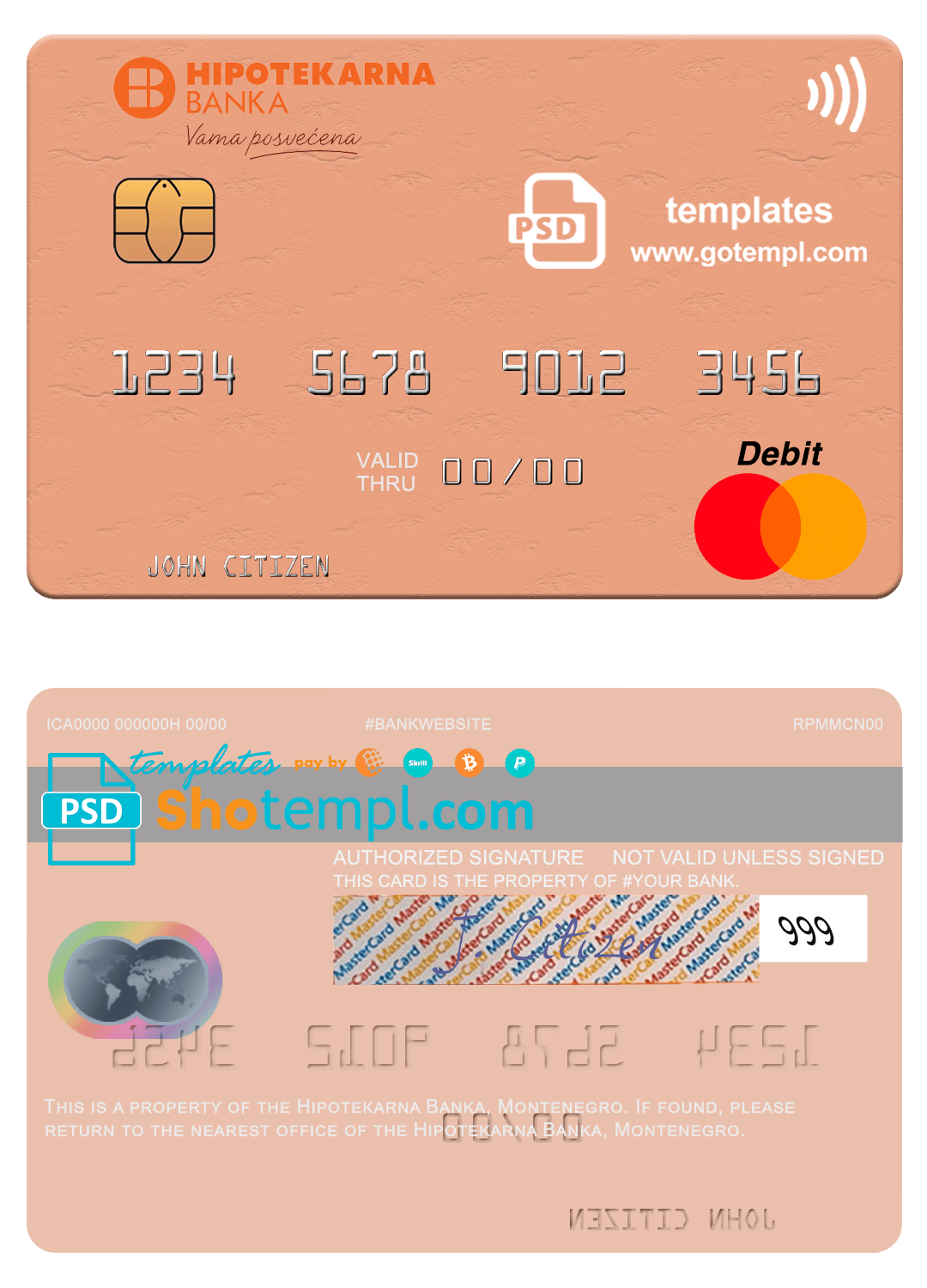 Montenegro Hipotekarna bank mastercard, fully editable template in PSD ...