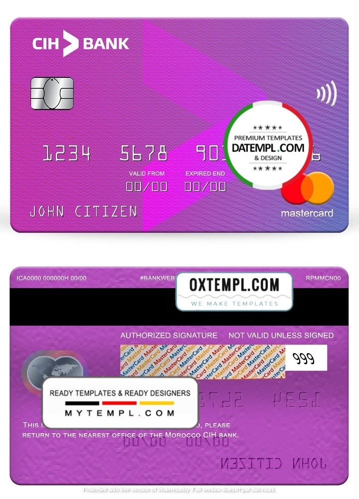 Morocco CIH bank mastercard, fully editable template in PSD format