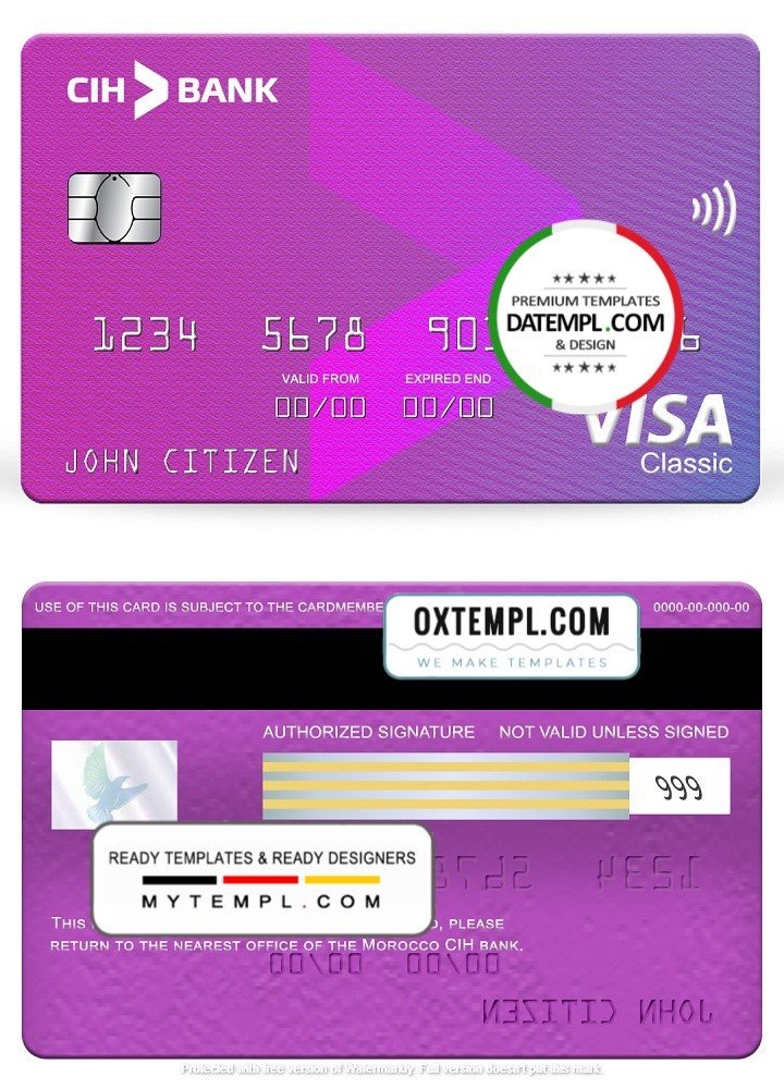 Morocco CIH bank visa classic card, fully editable template in PSD format