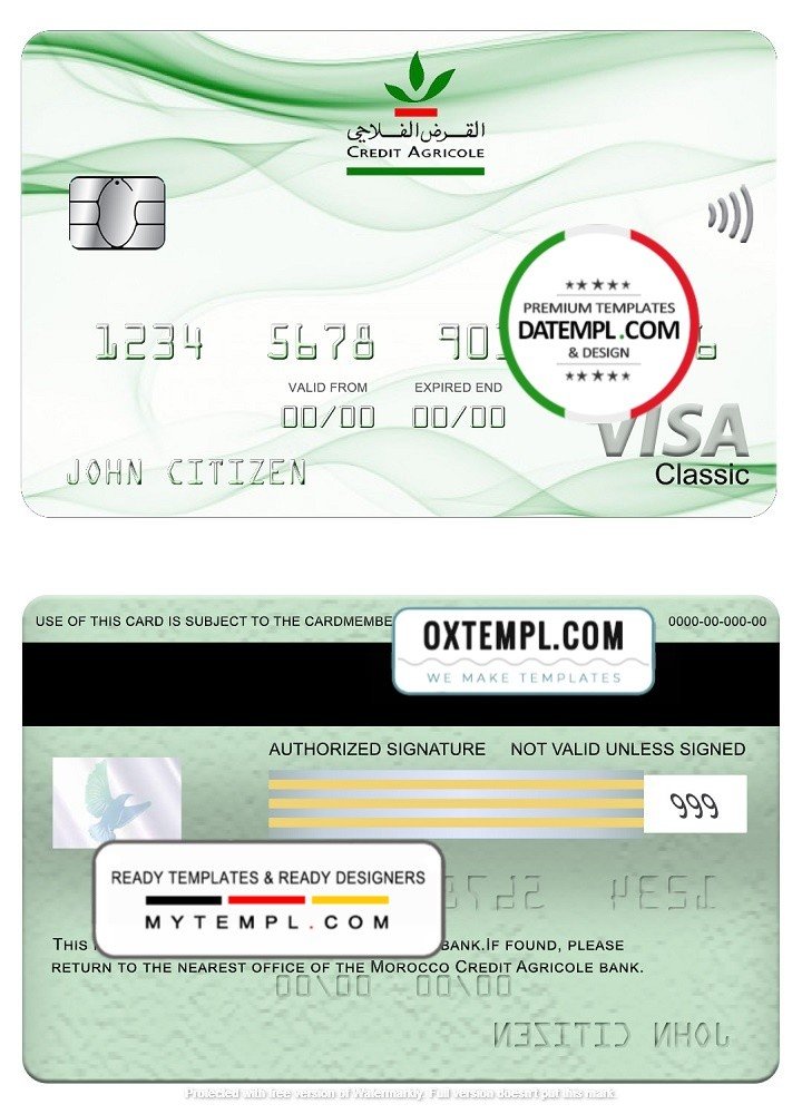 Morocco Credit Agricole bank visa classic card, fully editable template ...