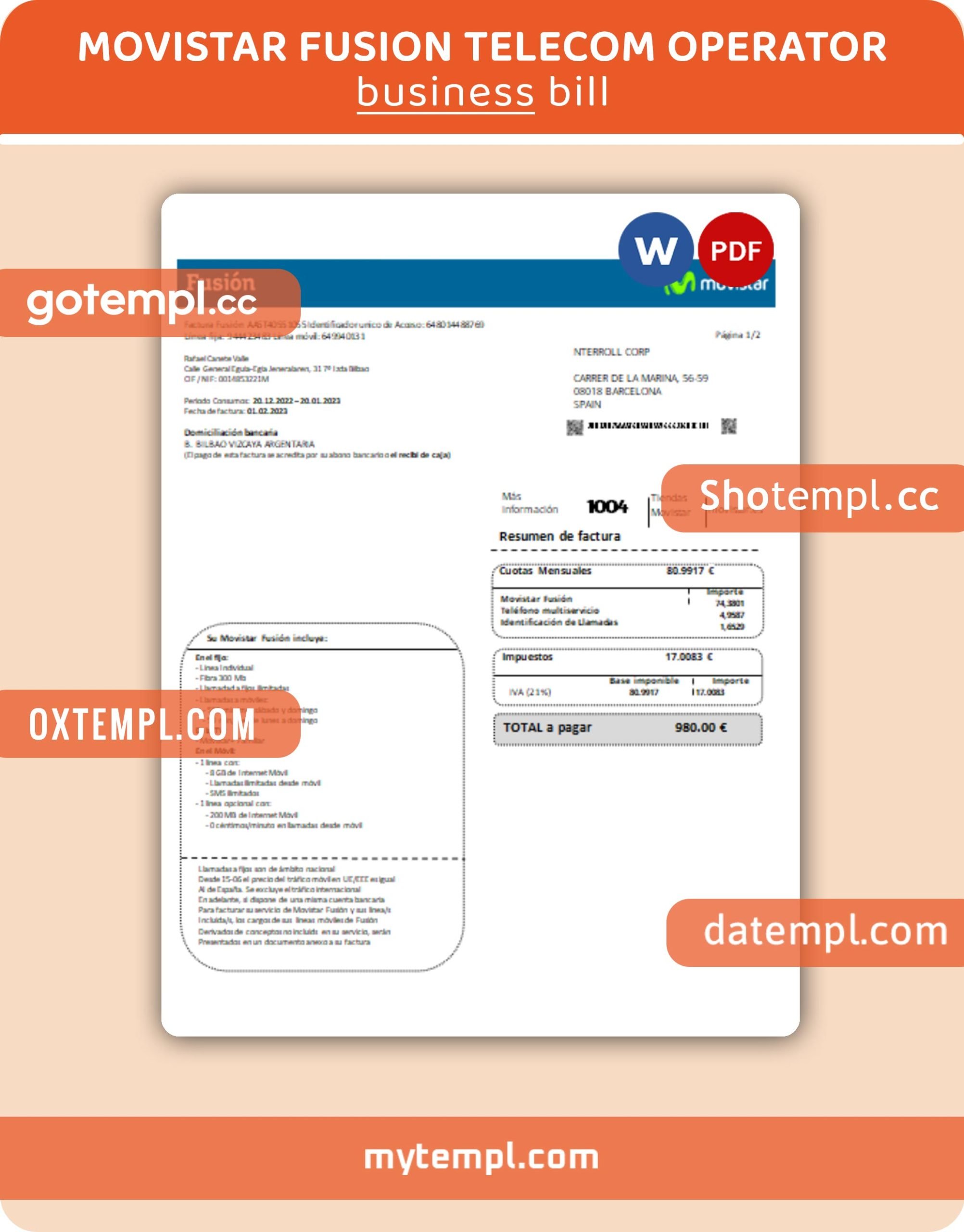 Movistar Fusion telecom operator business utility bill, Word and PDF ...