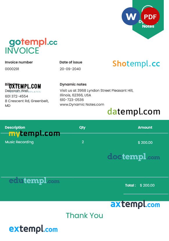 Music Production Invoice template in word and pdf format