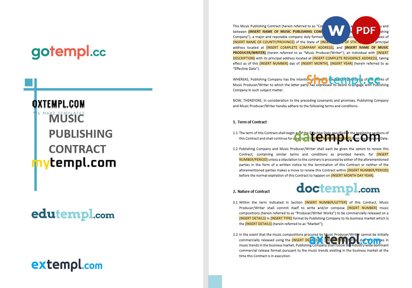 free music publishing contract template, Word and PDF format