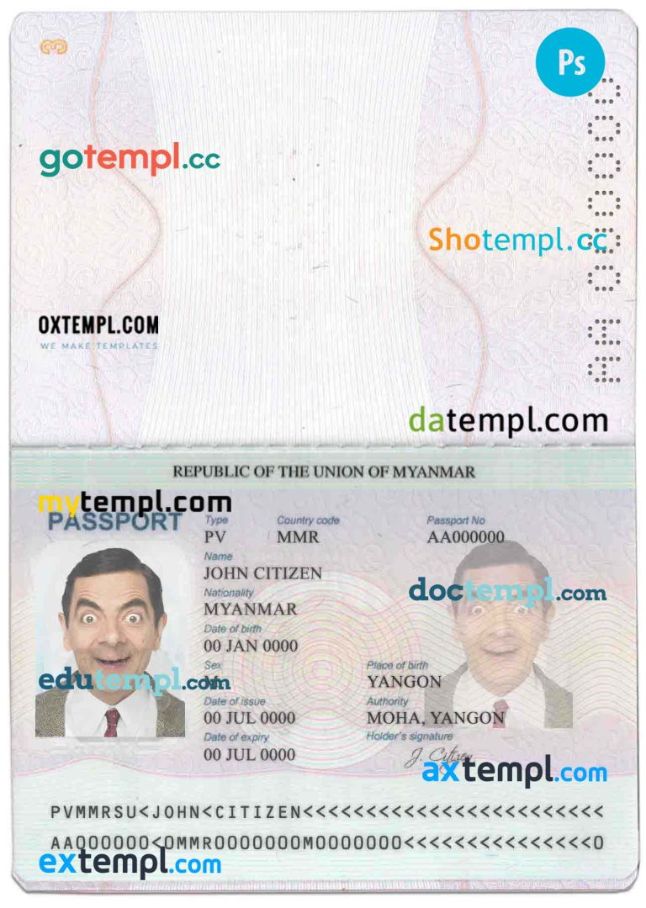 Myanmar passport editable PSD files, scan and photo-realistic look, 2 in 1