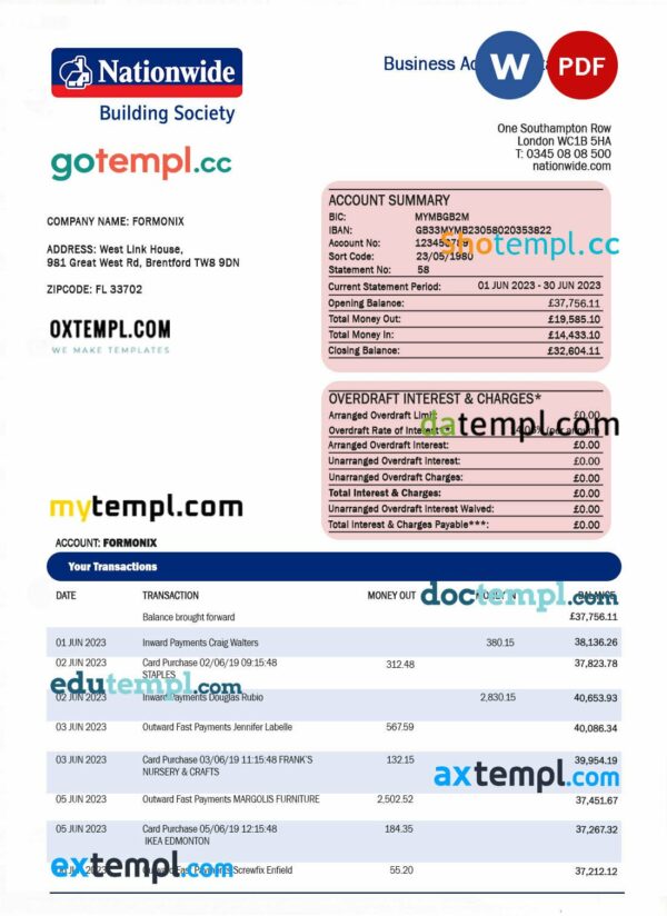 Nationwide Building Society firm bank statement Word and PDF template ...