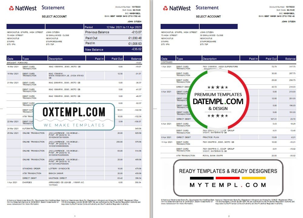 United Kingdom Natwest bank statement template in Word and PDF format (2 pages)