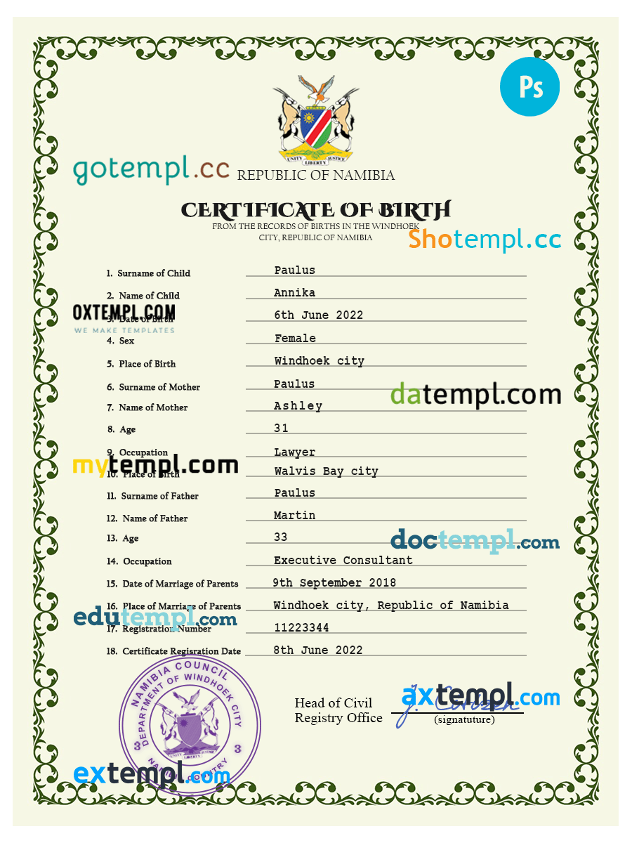 Namibia vital record birth certificate PSD template, fully editable