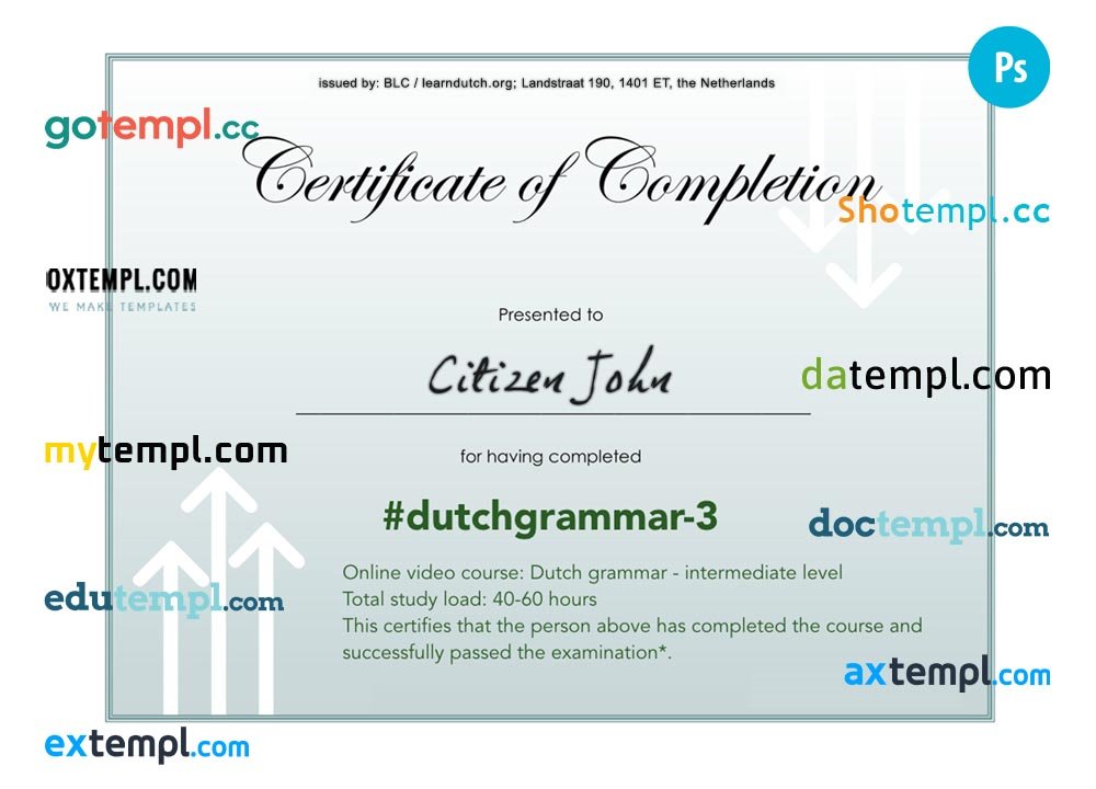 Netherlands language grammar certificate of completion PSD template ...