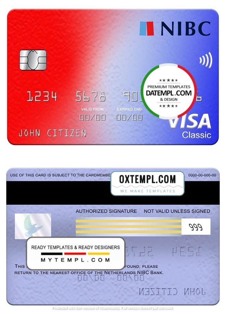 Netherlands NIBC bank visa classic card, fully editable template in PSD ...