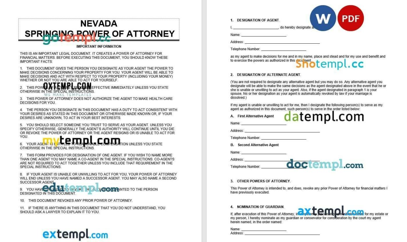 Nevada Springing Power of Attorney example, fully editable