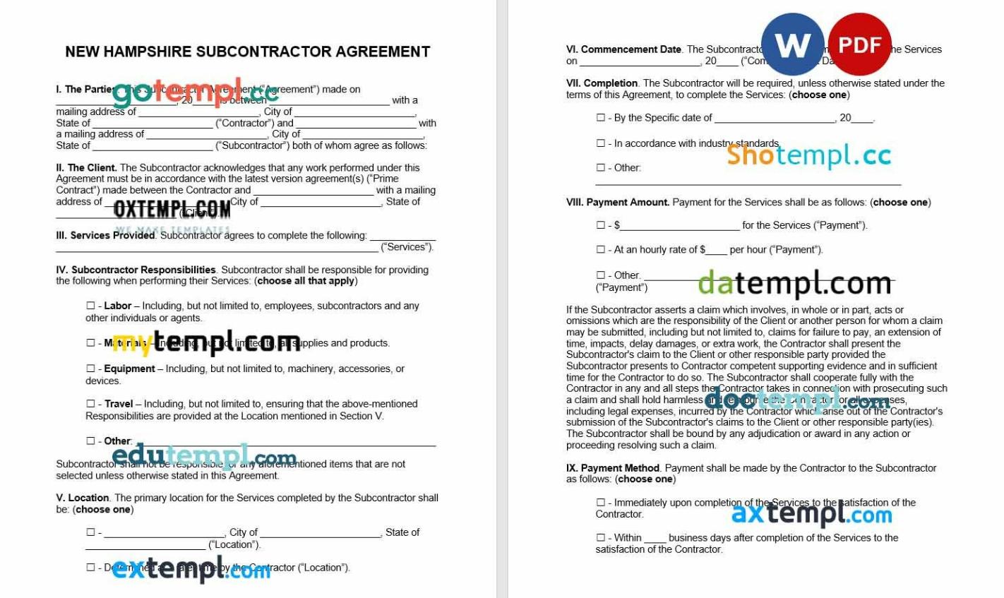 free New Hampshire subcontractor agreement template, Word and PDF format