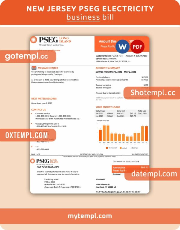 New Jersey PSEG electricity business utility bill, Word and PDF ...