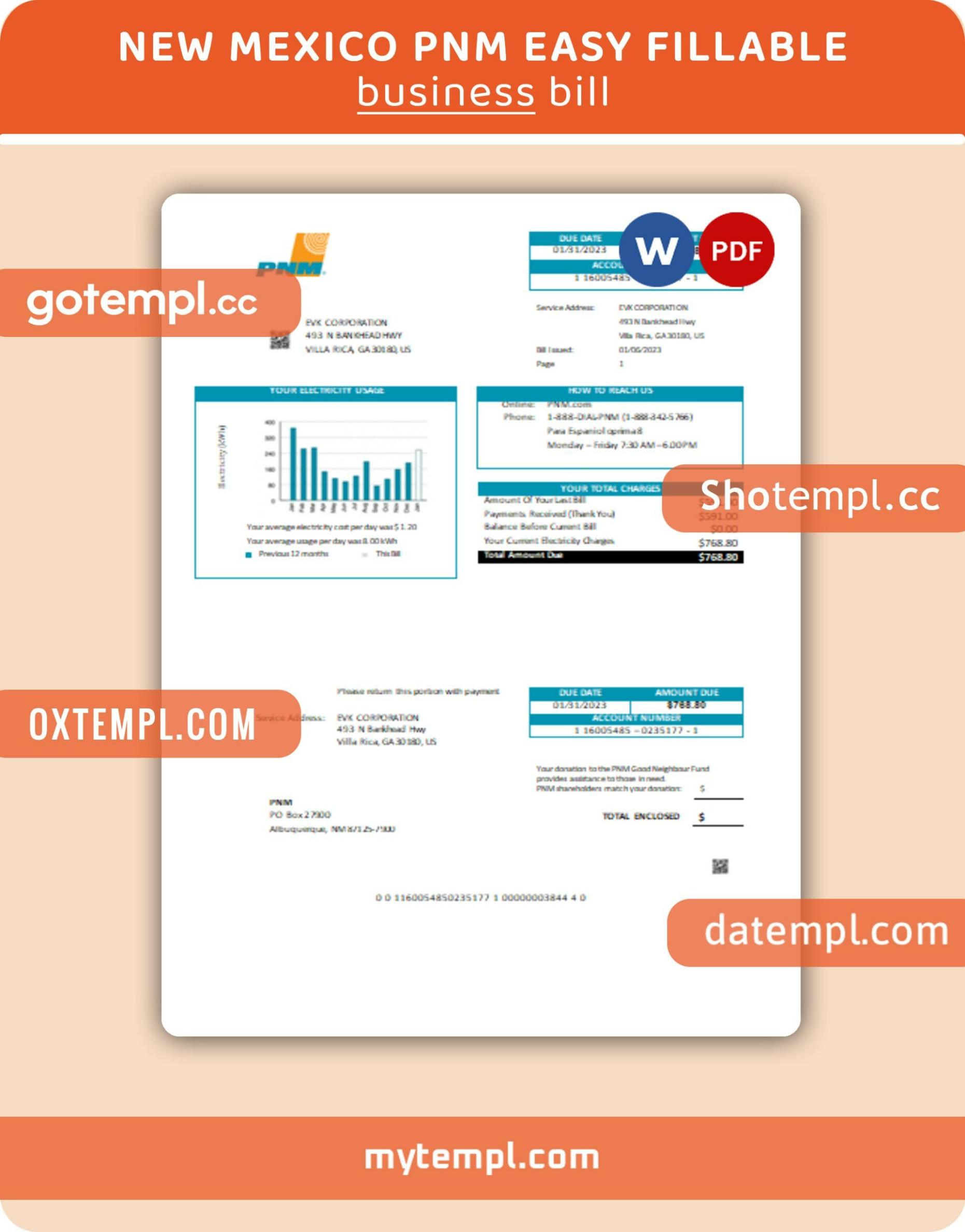 New Mexico PNM easy fillable business utility bill, Word and PDF template