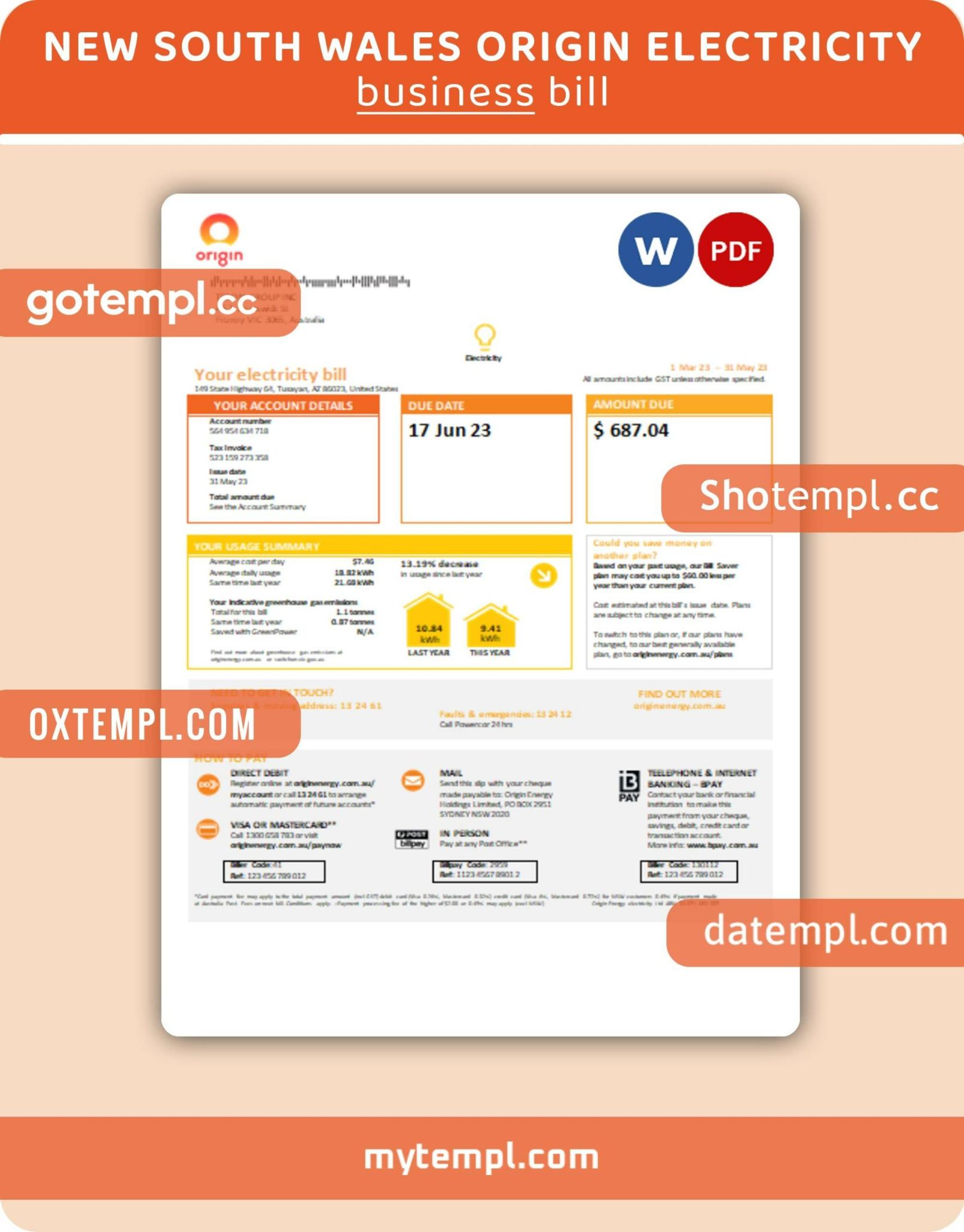 New South Wales (NSW) Origin electricity business utility bill,PDF and ...