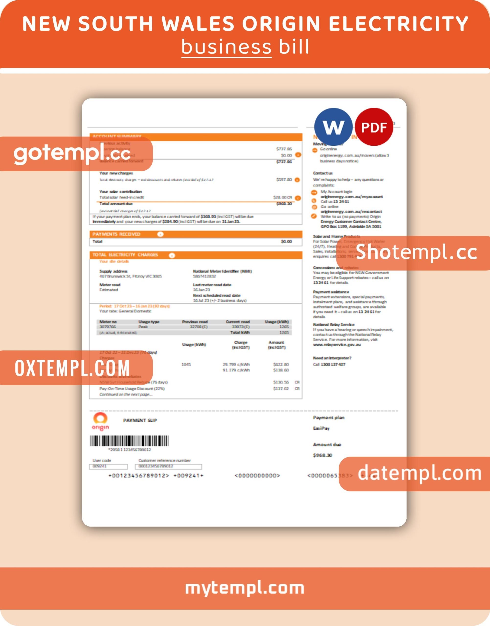 New South Wales (NSW) Origin electricity business utility bill, Word ...