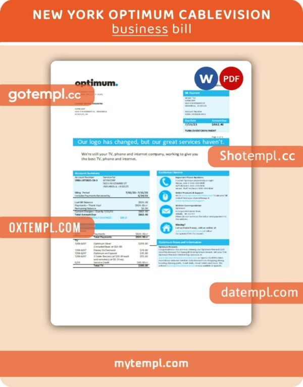 New York Optimum cablevision business utility bill, Word and PDF ...