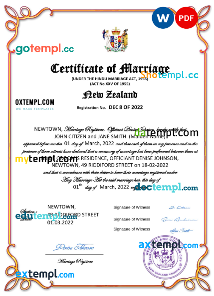 New Zealand marriage certificate Word and PDF template, completely editable