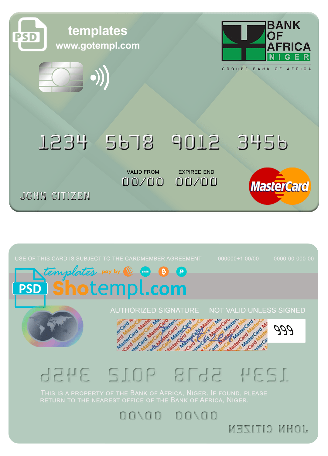 Niger Bank of Africa mastercard, fully editable template in PSD format