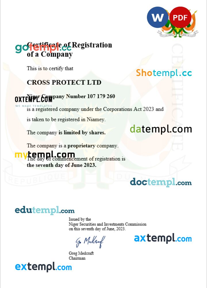 Niger business registration certificate Word and PDF template – gotempl.cc