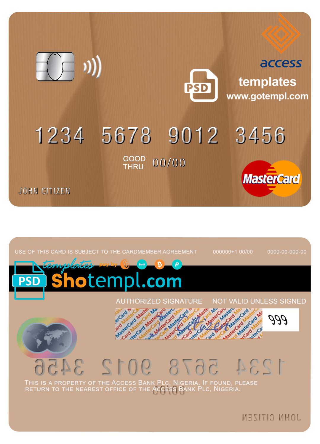 Nigeria Access Bank Plc mastercard, fully editable template in PSD ...