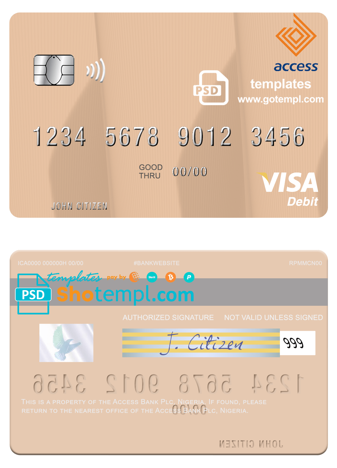 Nigeria Access Bank Plc visa debit card, fully editable template in PSD ...