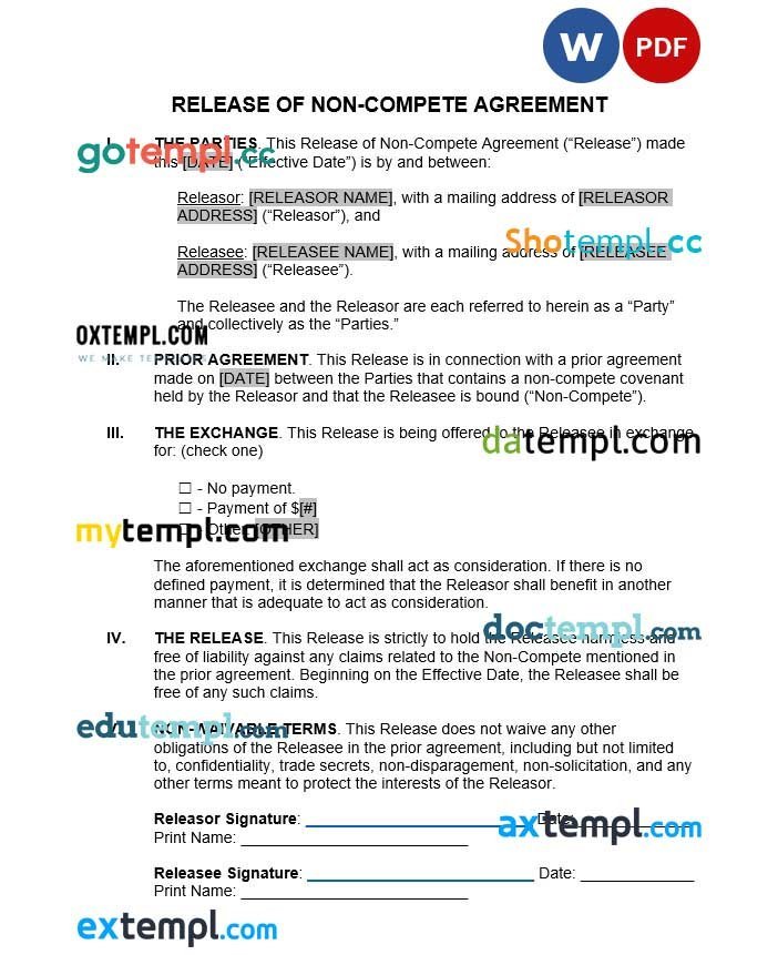 free non-compete release form template, Word and PDF format