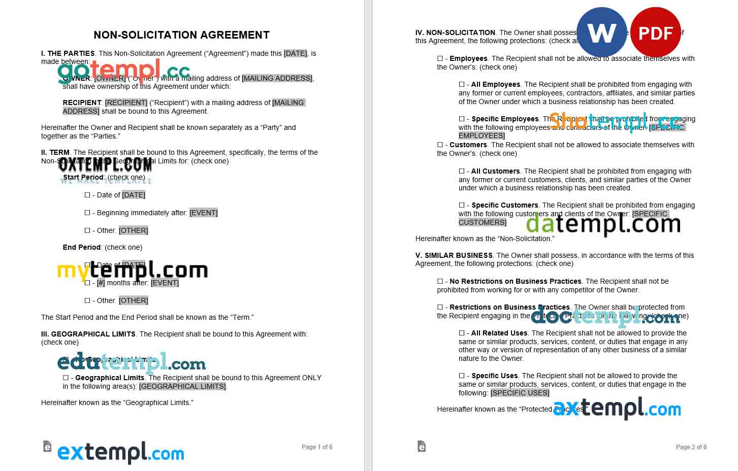 free non-solicitation agreement template, Word and PDF format