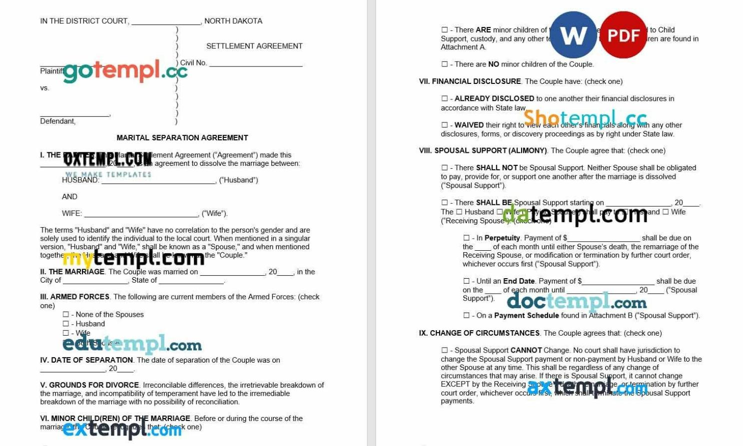 free North Dakota marital settlement agreement template, Word and PDF ...