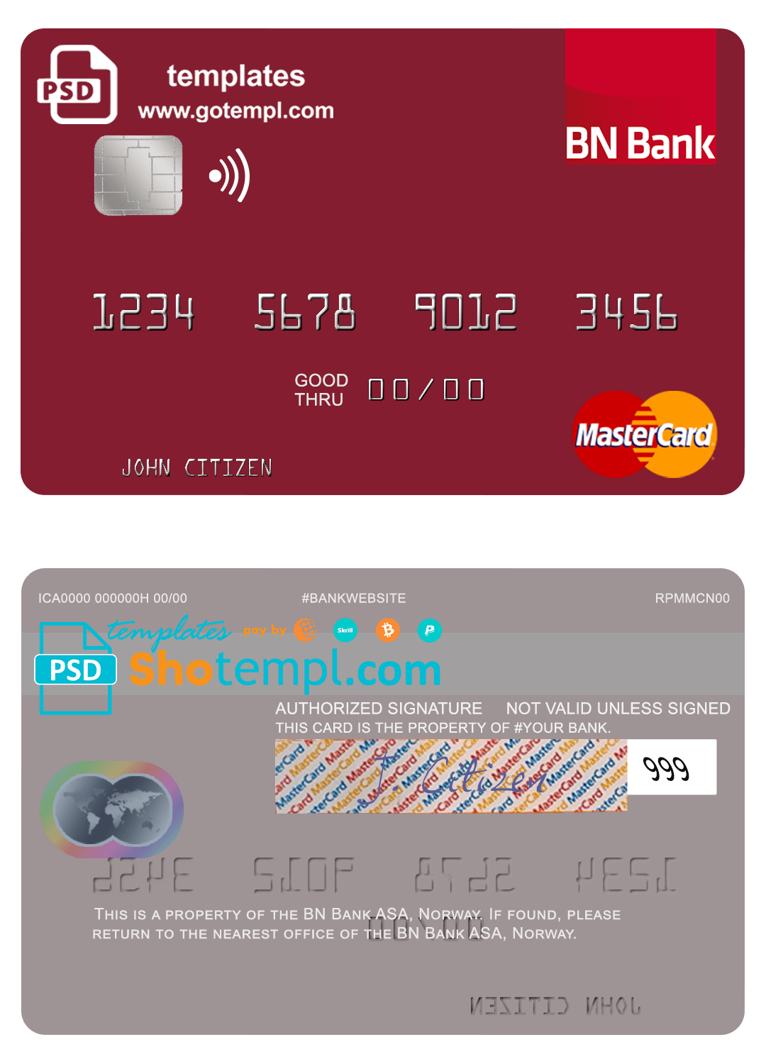 Norway BN Bank ASA mastercard, fully editable template in PSD format
