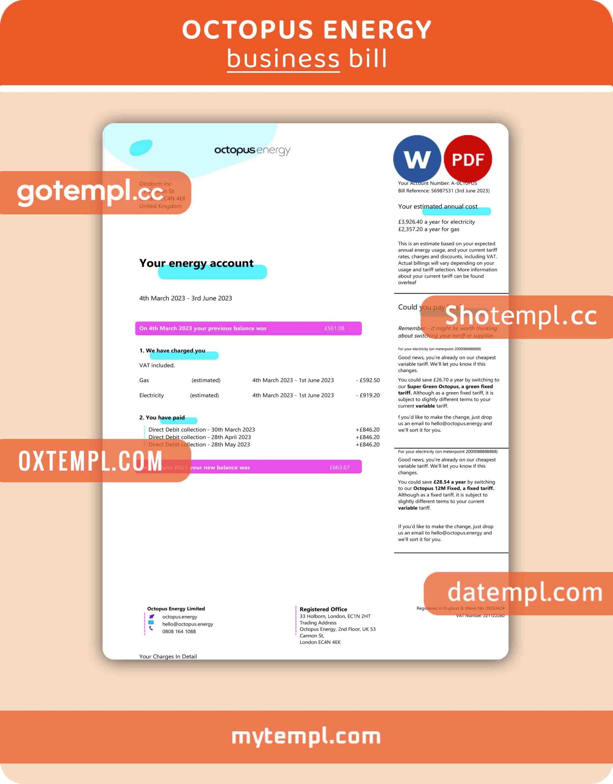 Octopus Energy business utility bill, Word and PDF template