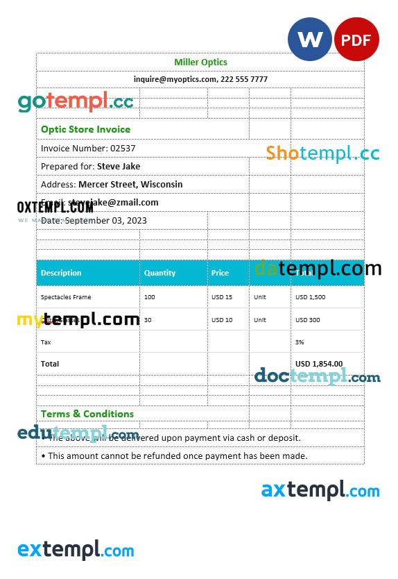Optical Store Invoice template in word and pdf format