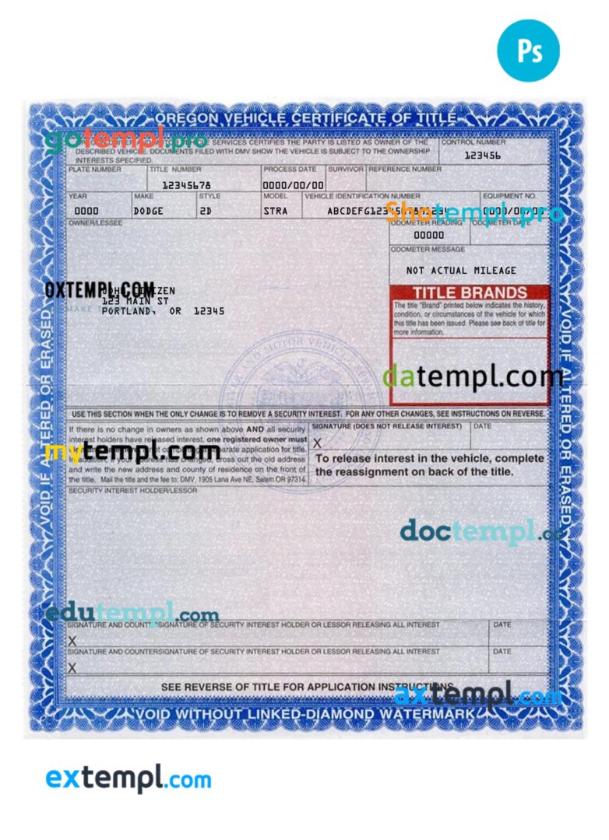 Oregon certificate of title of a vehicle (car title) template in PSD ...