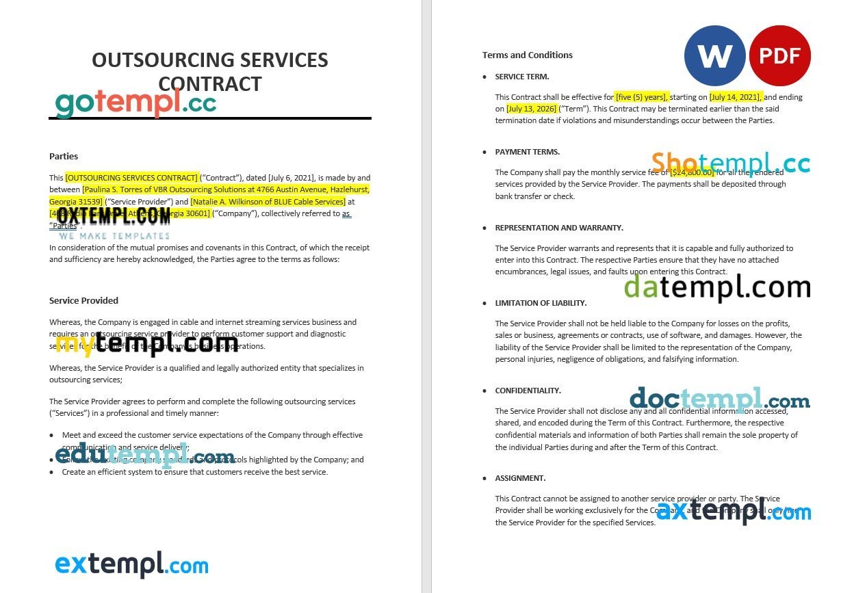 free outsourcing services contract template, Word and PDF format