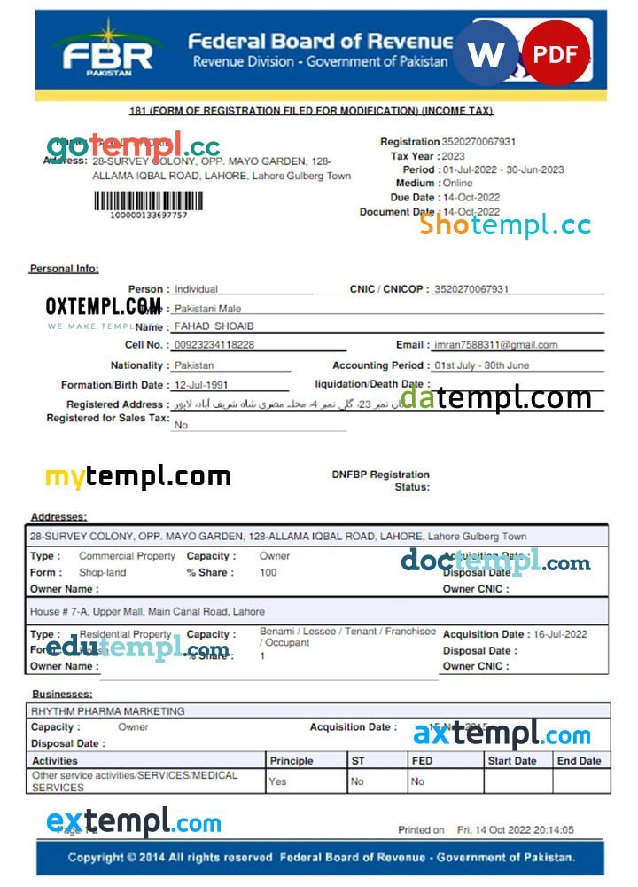 PAKISTAN FBR utility bill Word and PDF template