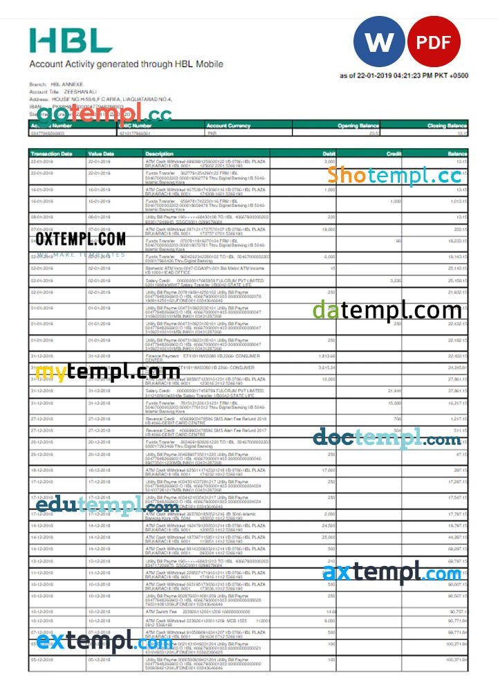 PAKISTAN HBL utility bill Word and PDF template