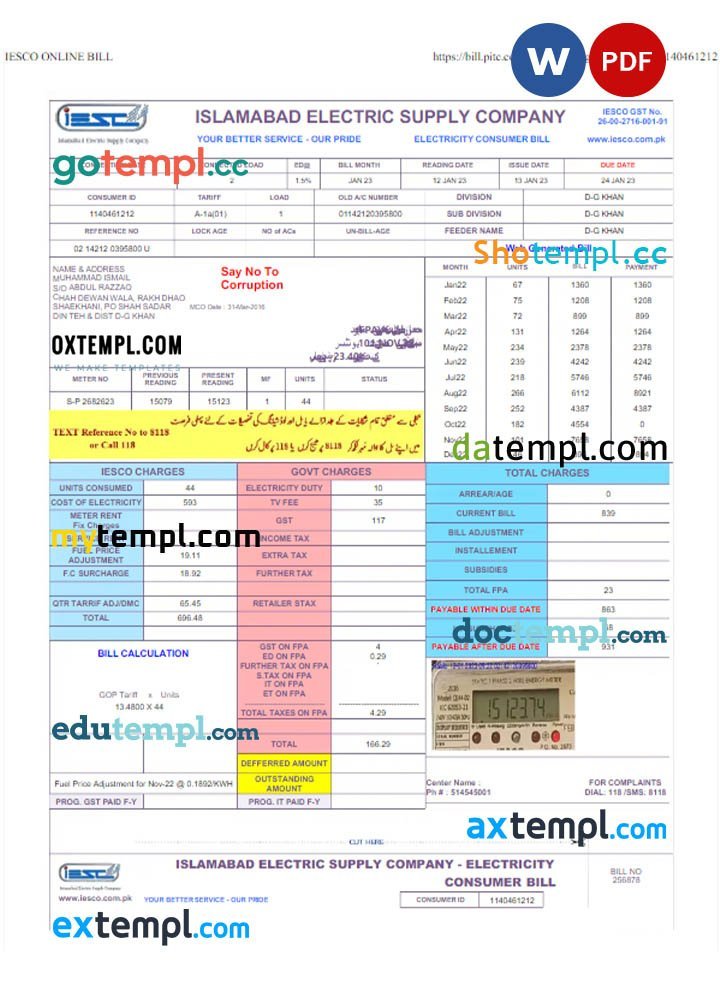 PAKISTAN IESC utility bill Word and PDF template