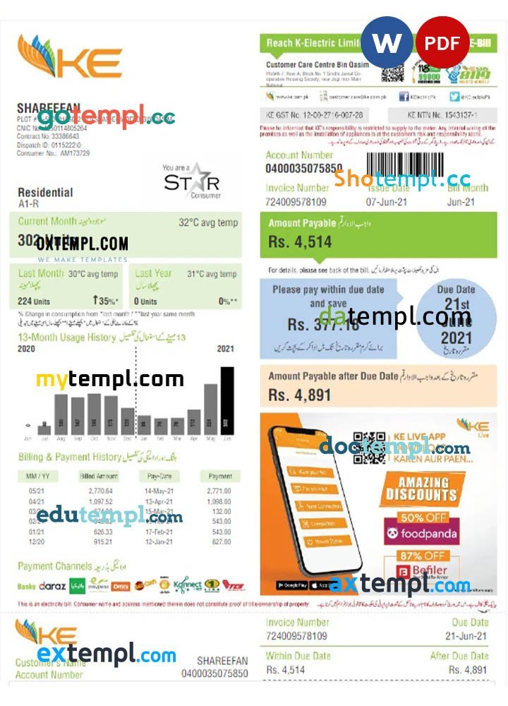 PAKISTAN K-ELECTRIC LIMITED utility bill Word and PDF template