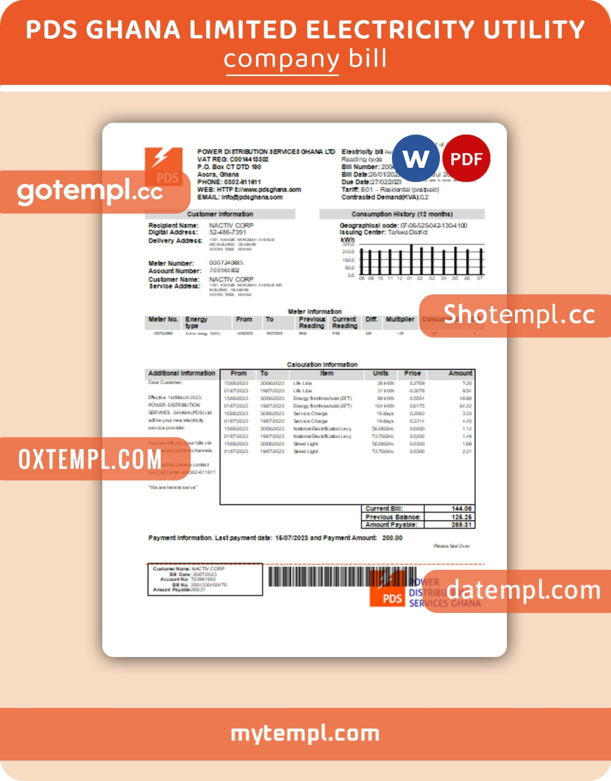 PDS Ghana Limited business utility bill, Word and PDF template