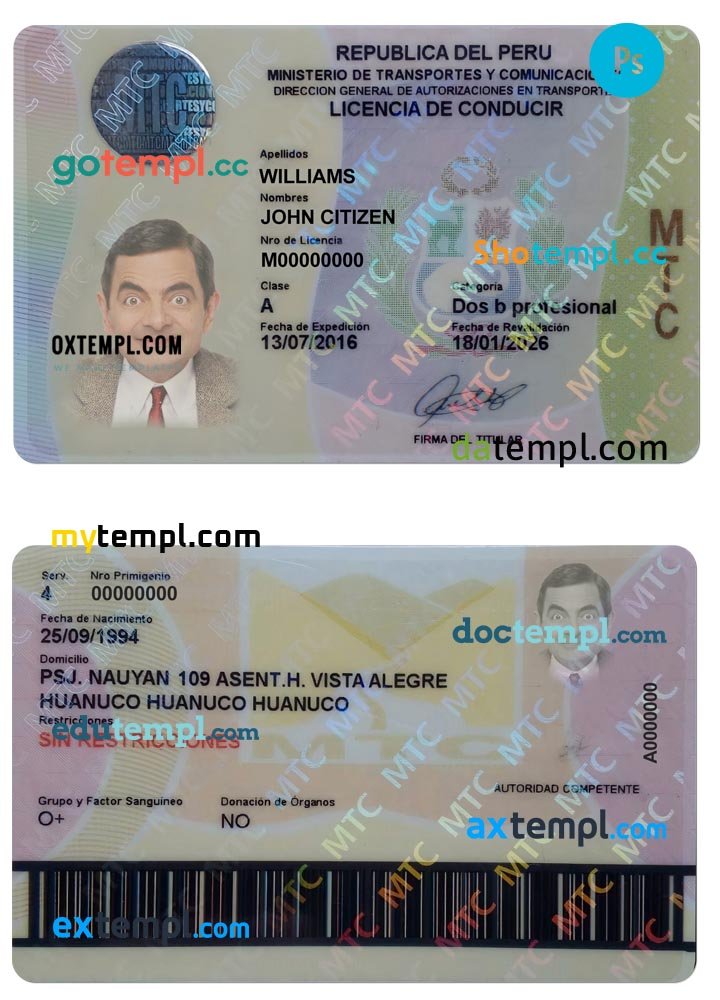 Peru driving license template in PSD format