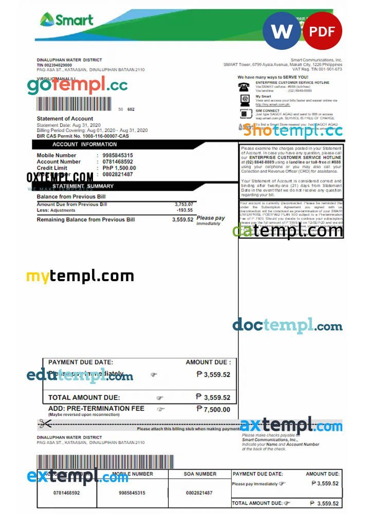 Philippines Smart utility bill Word and PDF template