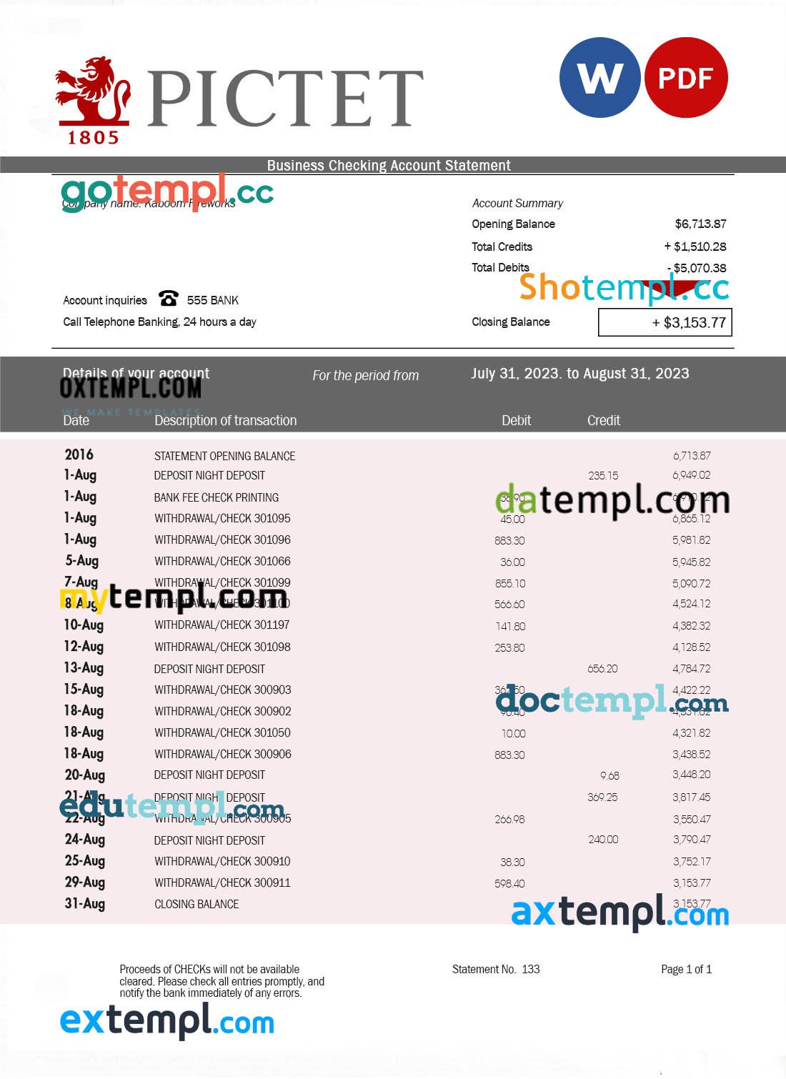 Pictet bank firm account statement Word and PDF template